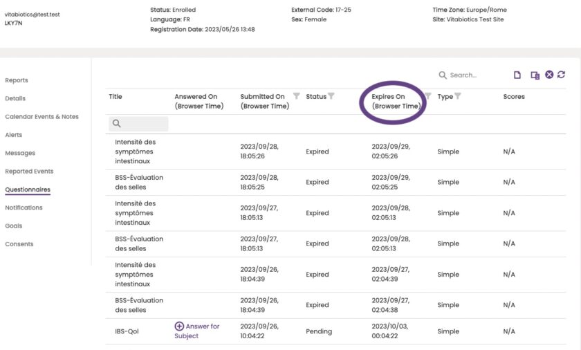 Questionnaire expiration & reminders - Healthentia
